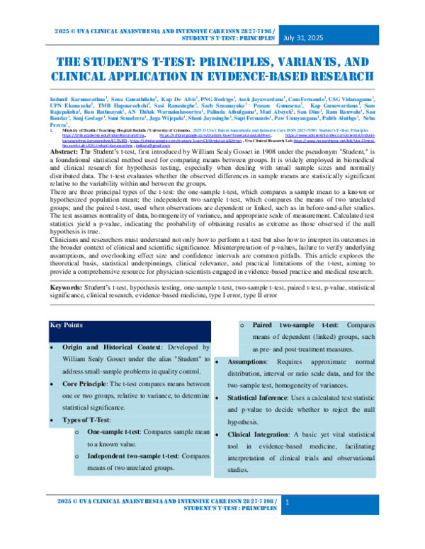 (PDF) The Student’s T Test Principles Variants and Clinical Application ...