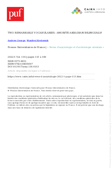 (PDF) TWO REMARKABLE VOCABULARIES: AMORITE-AKKADIAN BILINGUALS