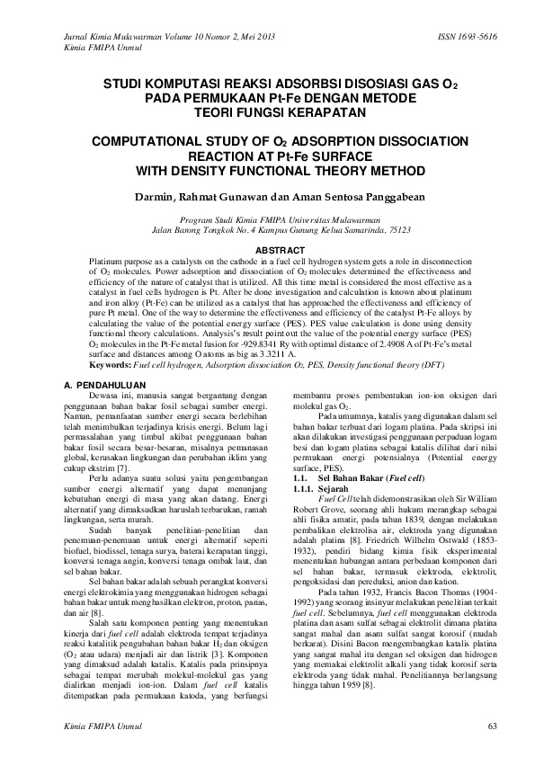 (PDF) STUDI KOMPUTASI REAKSI ADSORBSI DISOSIASI GAS O2 PADA PERMUKAAN ...