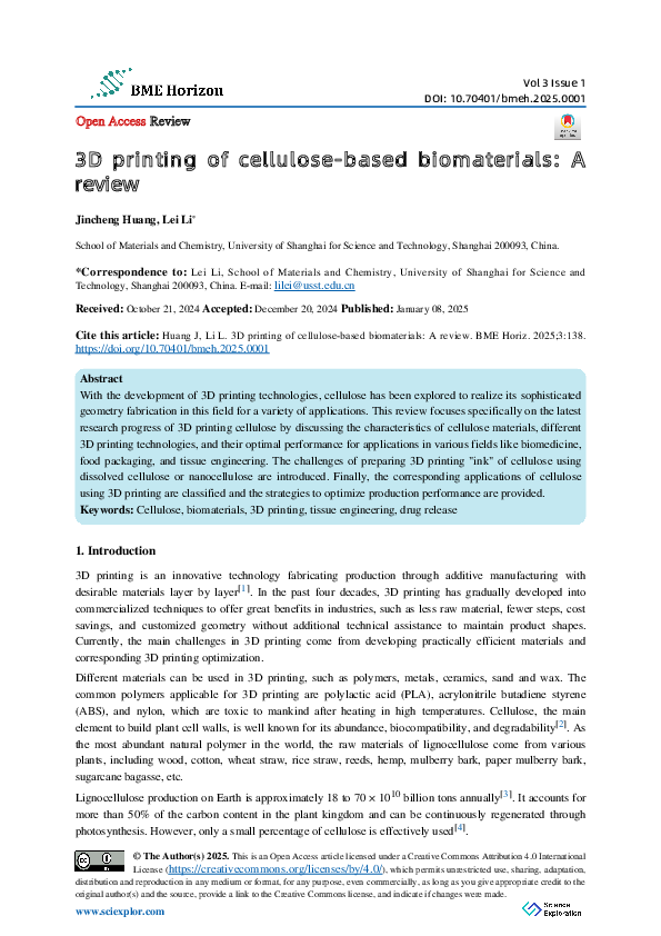 (PDF) 3D printing of cellulose-based biomaterials: A review