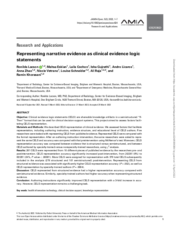 (PDF) Representing narrative evidence as clinical evidence logic statements