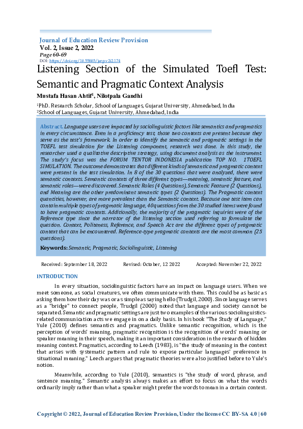 (PDF) Listening Section of the Simulated Toefl Test: Semantic and ...