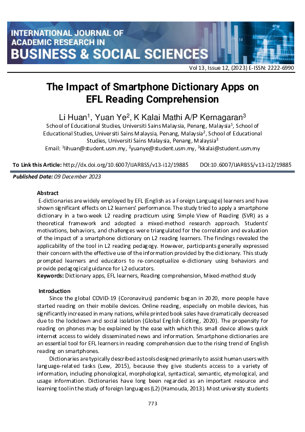 (PDF) The Impact of Smartphone Dictionary Apps on EFL Reading Comprehension
