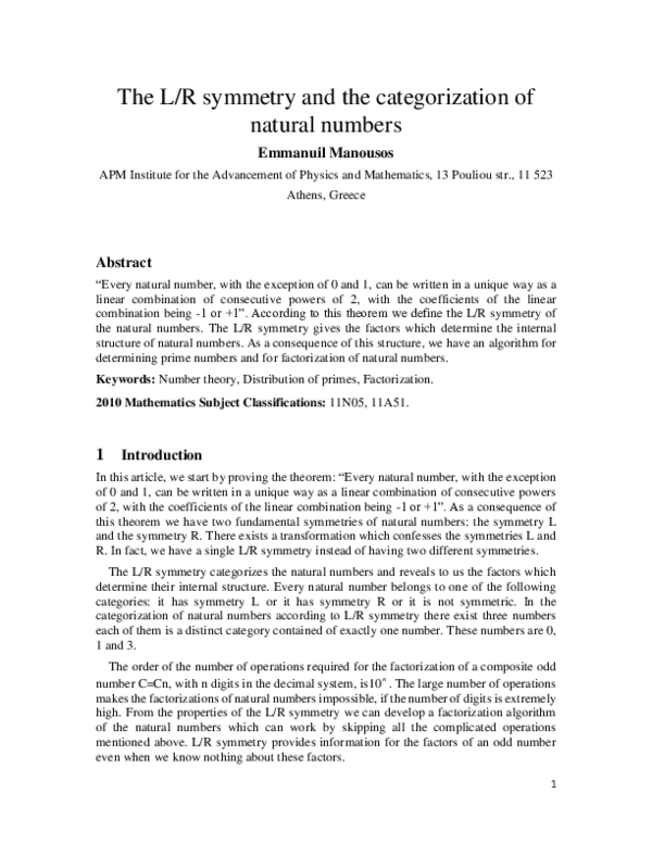 (PDF) The L/R Symmetry and the Categorization of Natural Numbers