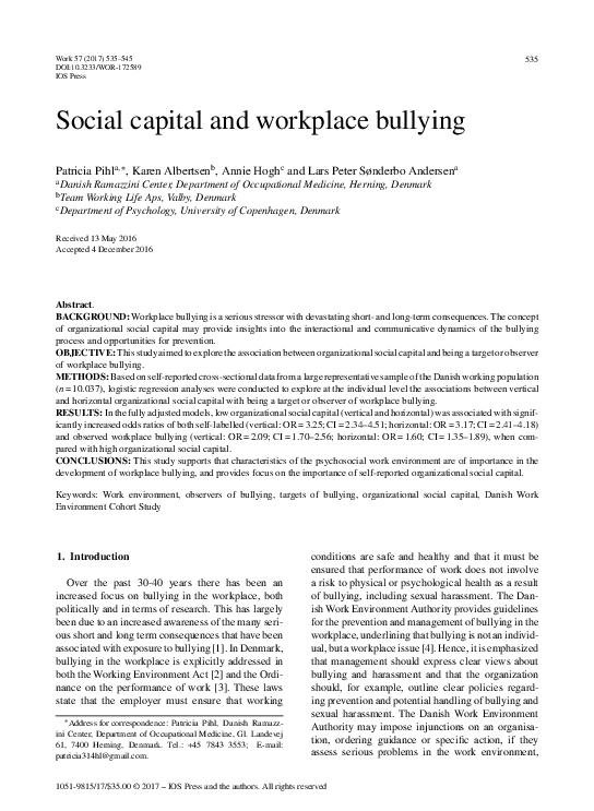 (PDF) Social capital and workplace bullying
