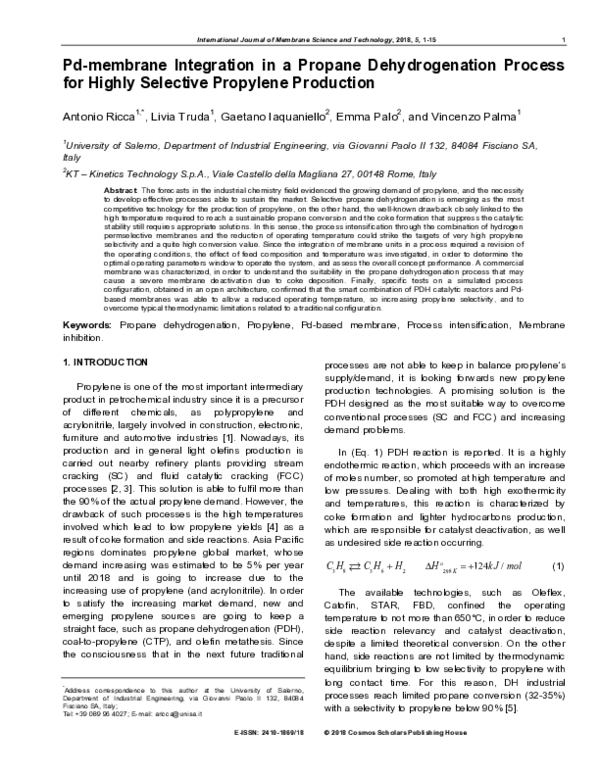 (PDF) Pd-membrane Integration in a Propane Dehydrogenation Process for ...