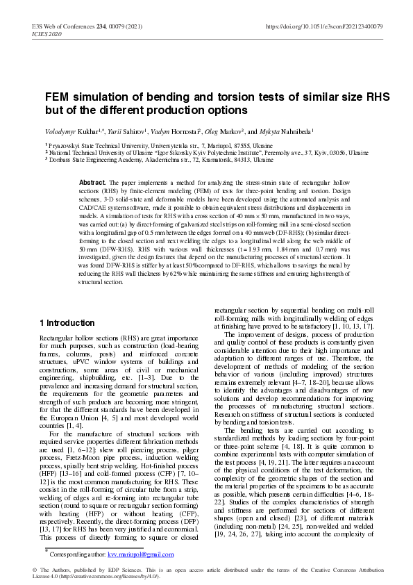 (PDF) FEM simulation of bending and torsion tests of similar size RHS ...