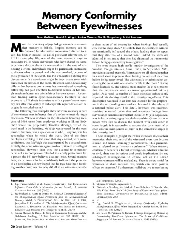 (PDF) Memory Conformity Between Eyewitnesses