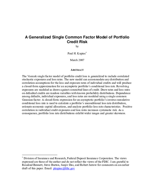 (PDF) A Generalized Single Common Factor Model of Portfolio Credit Risk