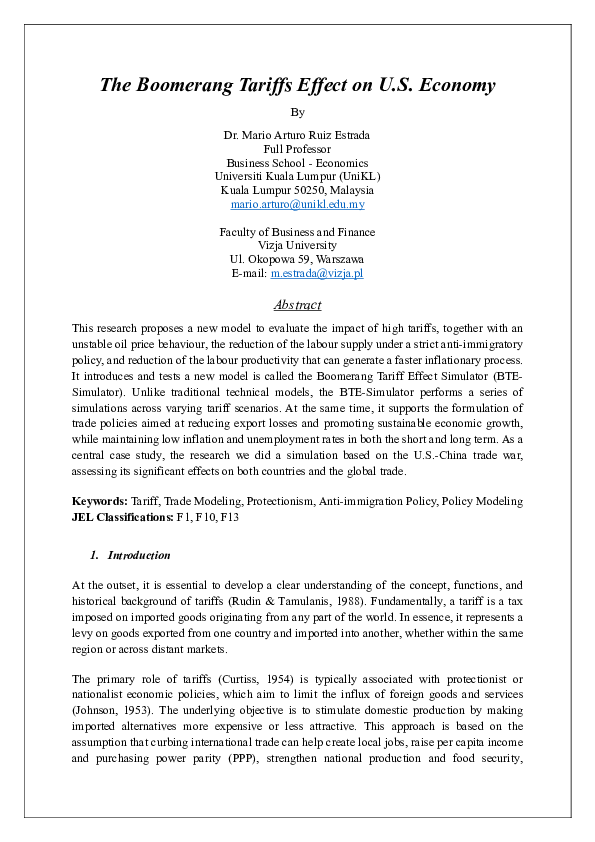 (PDF) The Boomerang Tariffs Effect on the U.S. Economy