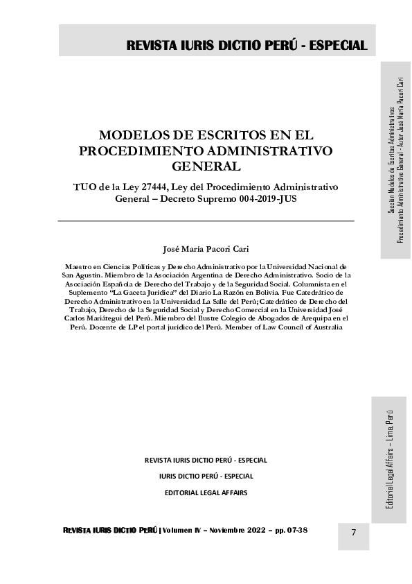 (PDF) MODELOS DE ESCRITOS EN EL PROCEDIMIENTO ADMINISTRATIVO GENERAL - AUTOR JOSÉ MARÍA PACORI CARI