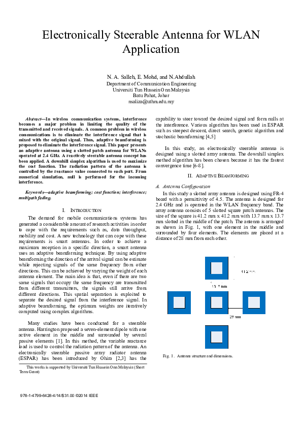 (PDF) Electronically steerable antenna for WLAN application