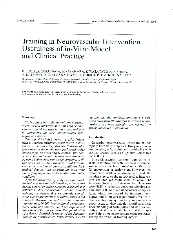 (PDF) Training in Neurovascular Intervention Usefulness of in-Vitro ...