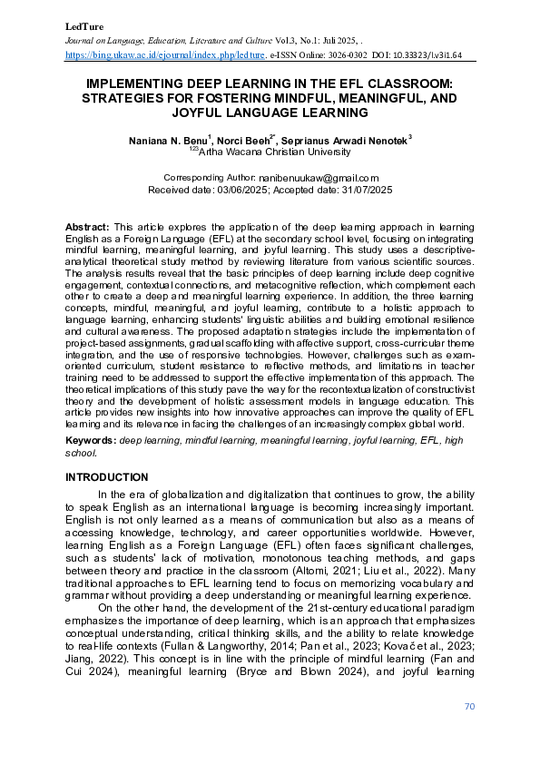 (PDF) IMPLEMENTING DEEP LEARNING IN THE EFL CLASSROOM: STRATEGIES FOR ...
