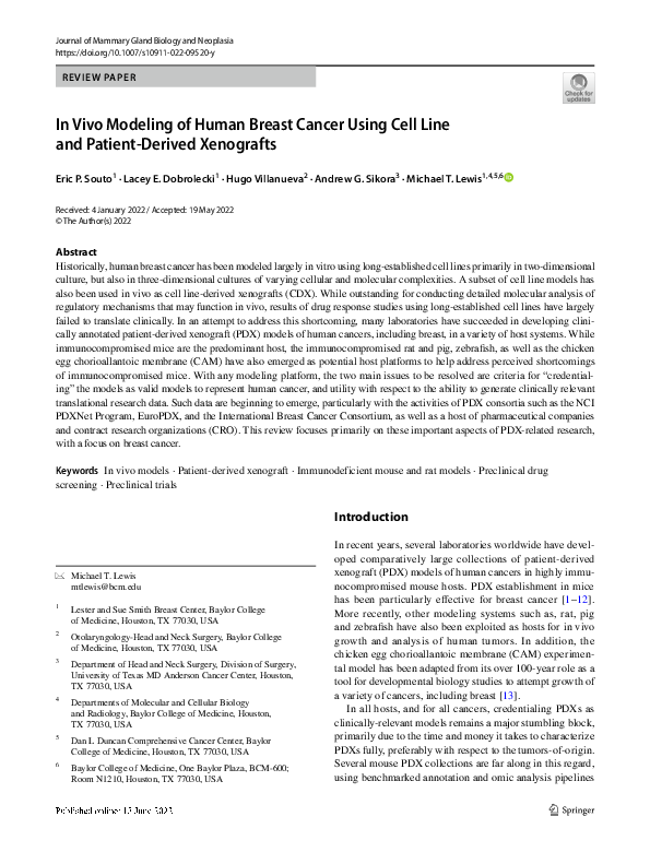 (PDF) In Vivo Modeling of Human Breast Cancer Using Cell Line and ...