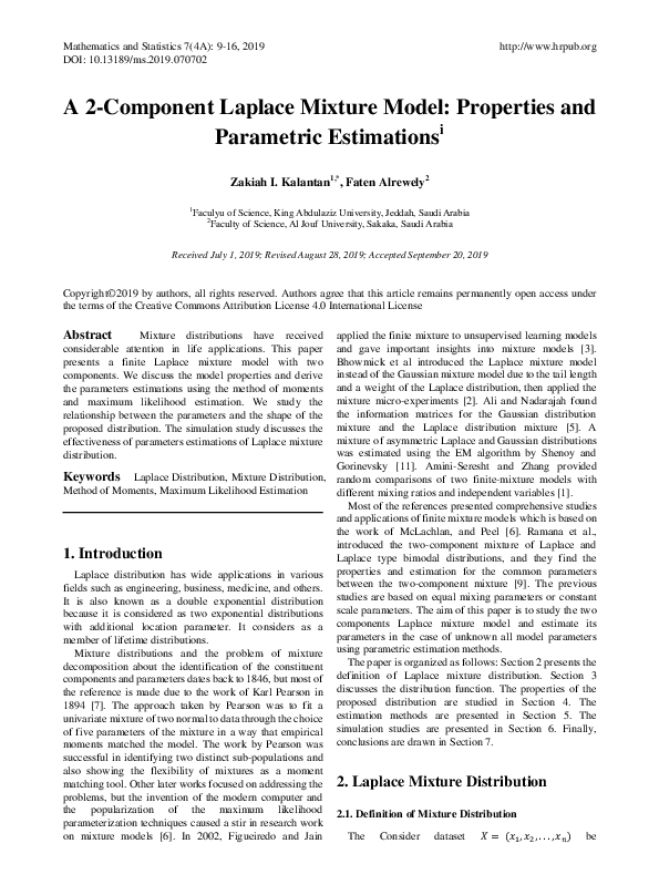 (PDF) A 2-Component Laplace Mixture Model: Properties and Parametric ...