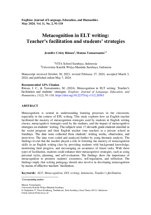 (PDF) Metacognition in ELT writing: Teacher’s facilitation and students’ strategies