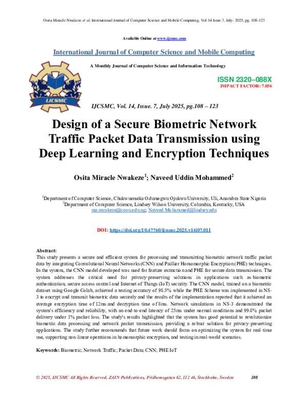 (PDF) Design of a Secure Biometric Network Traffic Packet Data Transmission using Deep Learning ...
