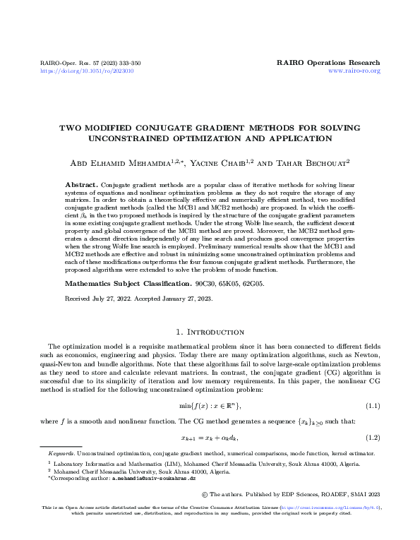 (PDF) Two modified conjugate gradient methods for solving unconstrained ...