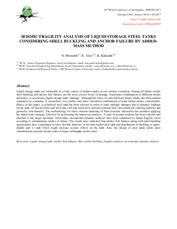 (PDF) Seismic fragility analysis of liquid storage steel tanks ...