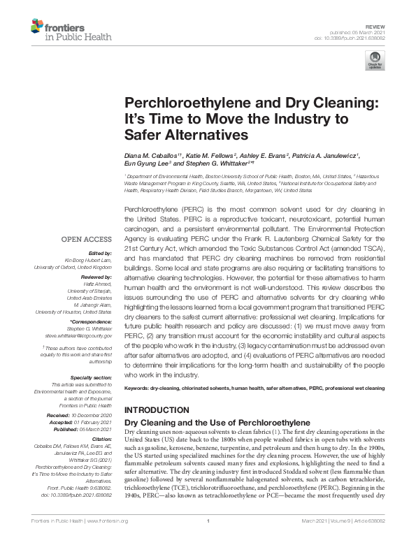 (PDF) Perchloroethylene and Dry Cleaning: It's Time to Move the ...