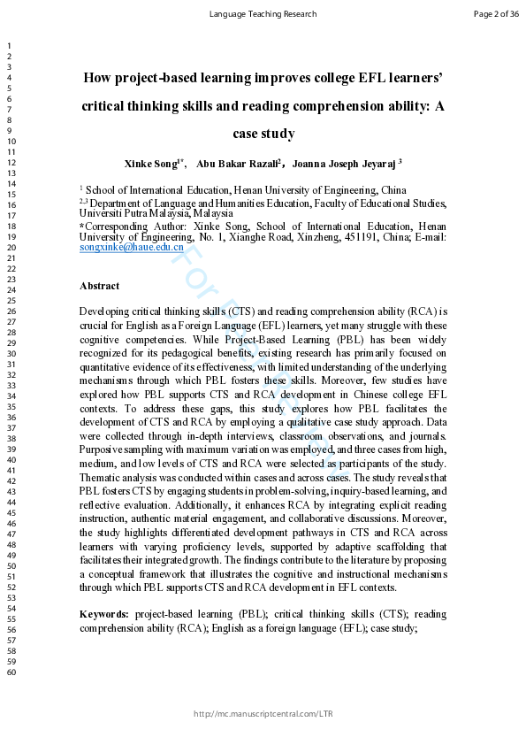 (PDF) How project-based learning improves college EFL learners' critical thinking skills and ...