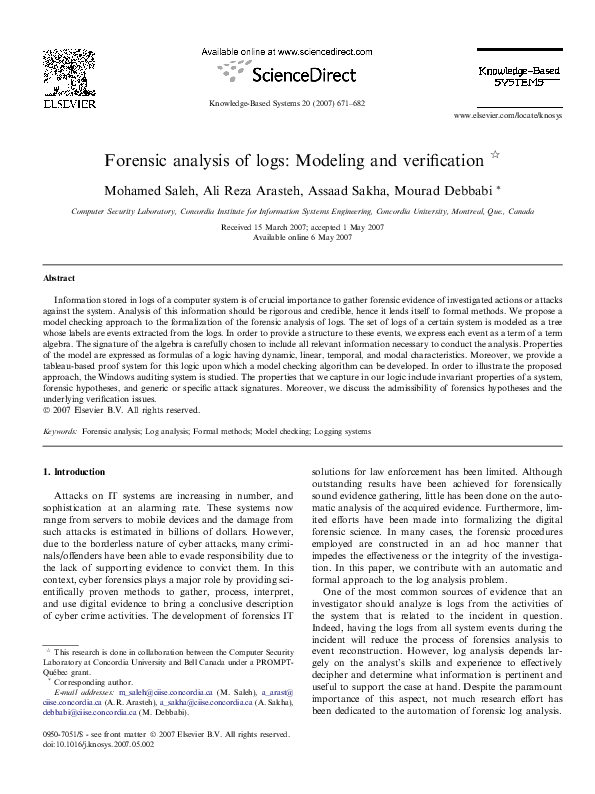 (PDF) Forensic analysis of logs: Modeling and verification