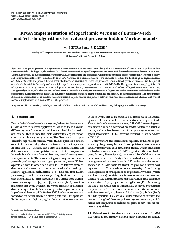 (PDF) FPGA implementation of logarithmic versions of Baum-Welch and ...