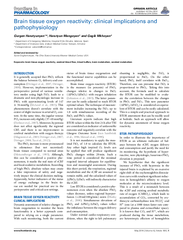 (PDF) Brain tissue oxygen reactivity: clinical implications and pathophysiology