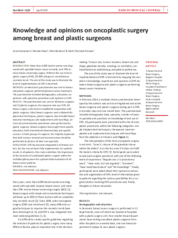 (PDF) Knowledge and opinions on oncoplastic surgery among breast and plastic surgeons
