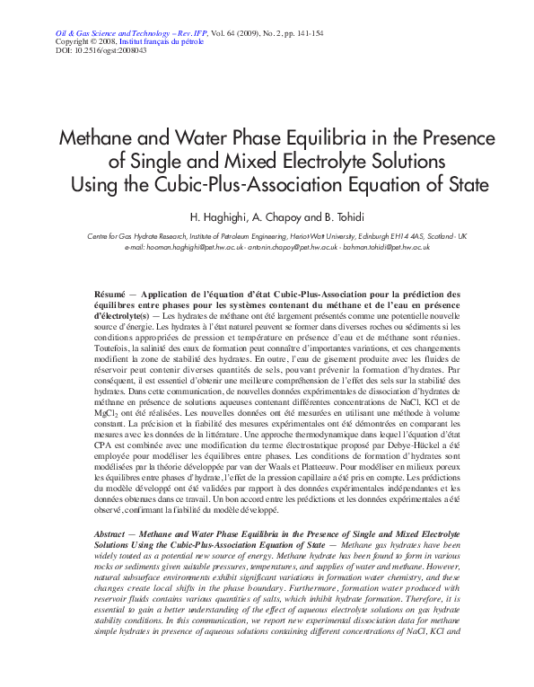 (PDF) Methane and Water Phase Equilibria in the Presence of Single and Mixed Electrolyte ...