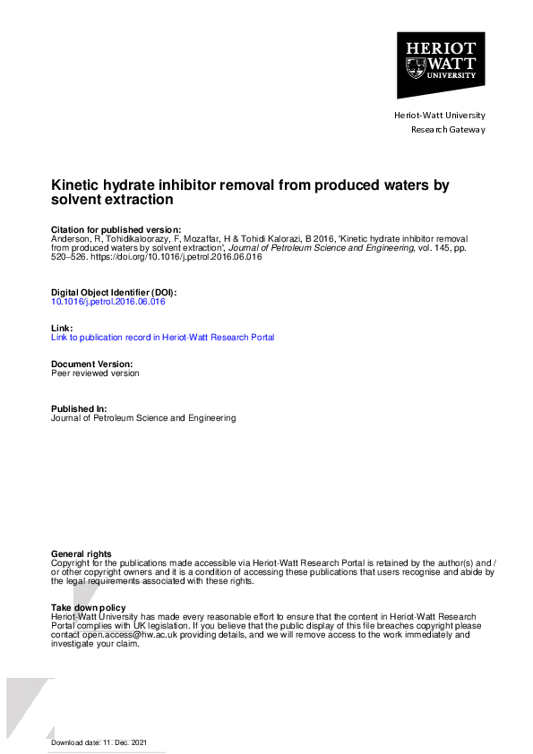 (PDF) Kinetic hydrate inhibitor removal from produced waters by solvent ...