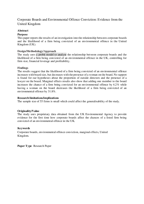 (PDF) Corporate boards and environmental offence conviction: evidence ...