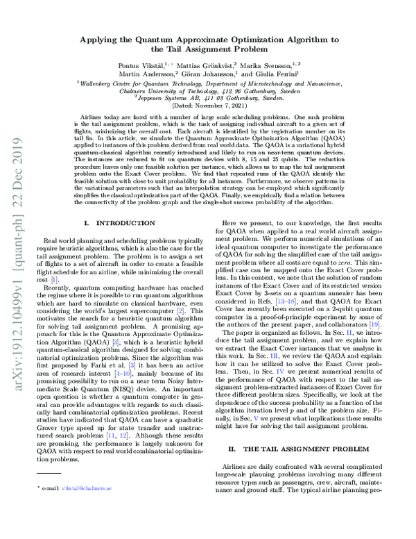 (PDF) Applying the Quantum Approximate Optimization Algorithm to the Tail-Assignment Problem