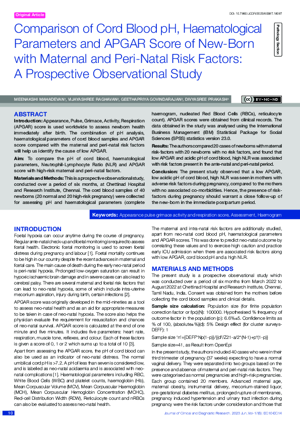 (PDF) Comparison of Cord Blood pH, Haematological Parameters and APGAR ...