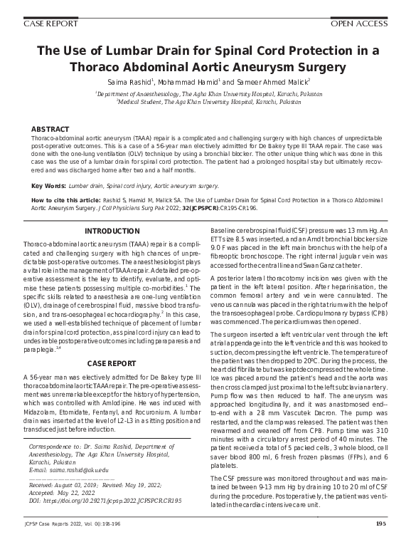 (PDF) The Use of Lumbar Drain for Spinal Cord Protection in a Thoraco ...