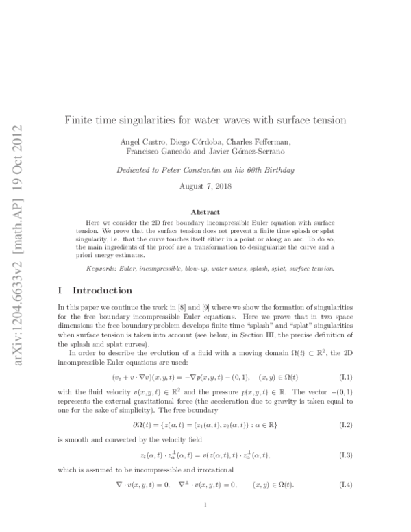 (PDF) Finite time singularities for water waves with surface tension