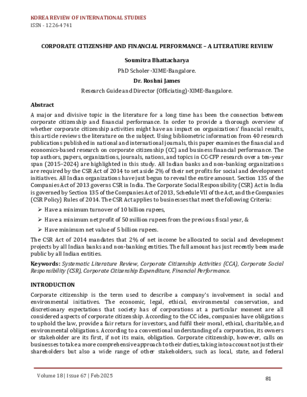 (PDF) CORPORATE CITIZENSHIP AND FINANCIAL PERFORMANCE -A LITERATURE REVIEW