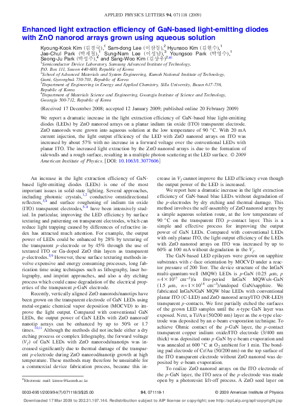 (PDF) Enhanced light extraction efficiency of GaN-based light-emitting diodes with ZnO nanorod ...
