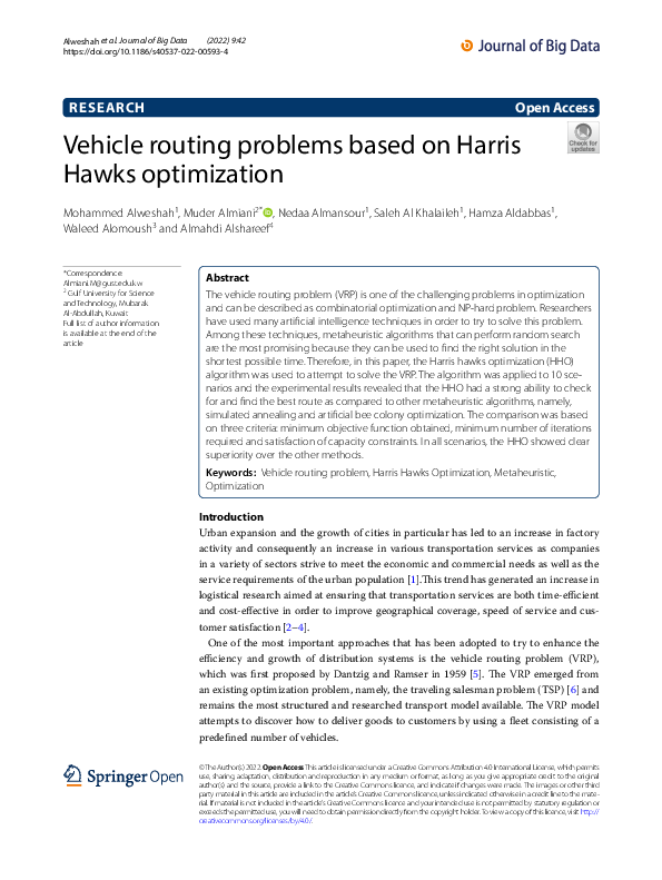(PDF) Vehicle routing problems based on Harris Hawks optimization