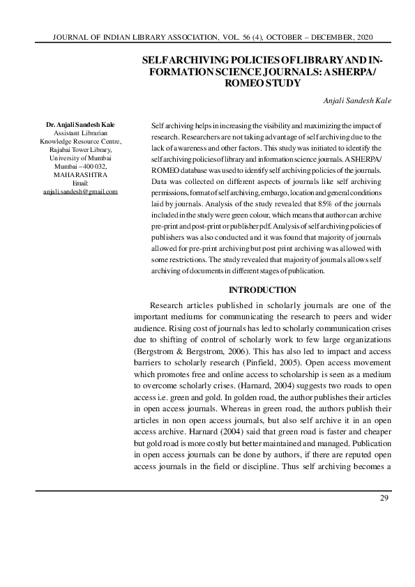 (PDF) Self Archiving Policies of Library and Information Science Journals: A SHERPA / ROMEO Study