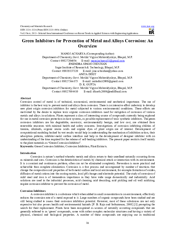 (PDF) Green Inhibitors for Prevention of Metal and Alloys Corrosion: An ...