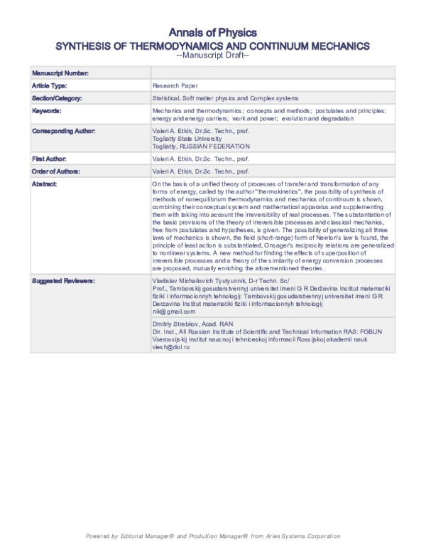 (PDF) Annals of Physics SYNTHESIS OF THERMODYNAMICS AND CONTINUUM MECHANICS