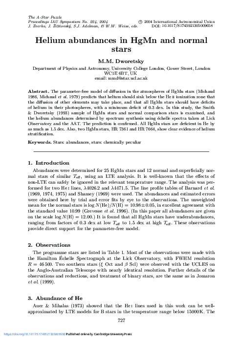 (PDF) Helium abundances in HgMn and normal stars