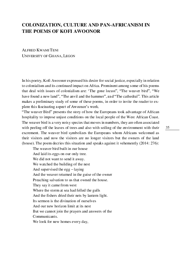 (PDF) COLONIZATION, CULTURE AND PAN-AFRICANISM IN THE POEMS OF KOFI AWOONOR
