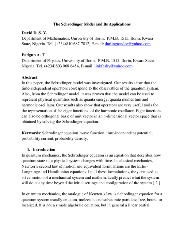 (PDF) The Schrodinger Model and Its Applications