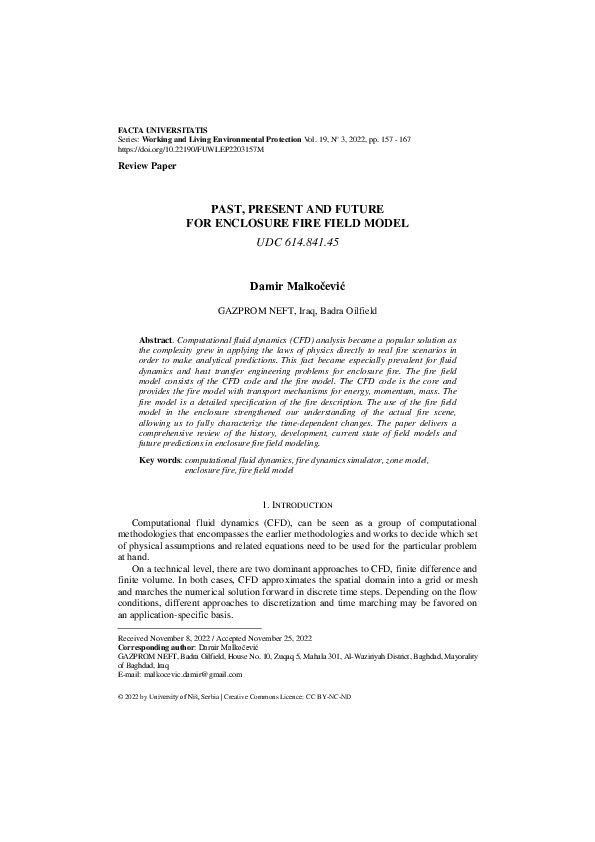 (PDF) Past, Present and Future for Enclosure Fire Field Model
