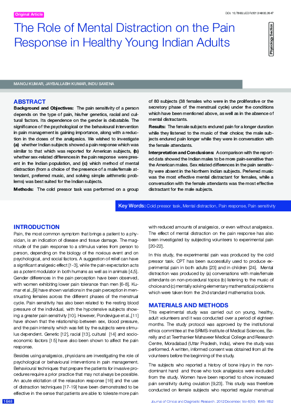 (PDF) The role of mental distraction on the pain response in healthy ...