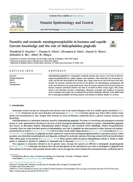 (PDF) Parasitic and zoonotic meningoencephalitis in humans and equids ...