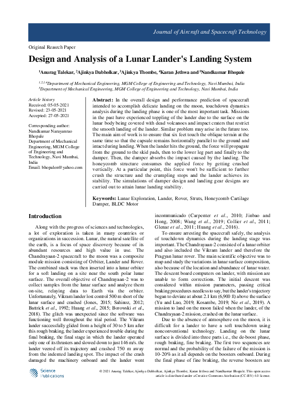 (PDF) Design and Analysis of a Lunar Lander's Landing System